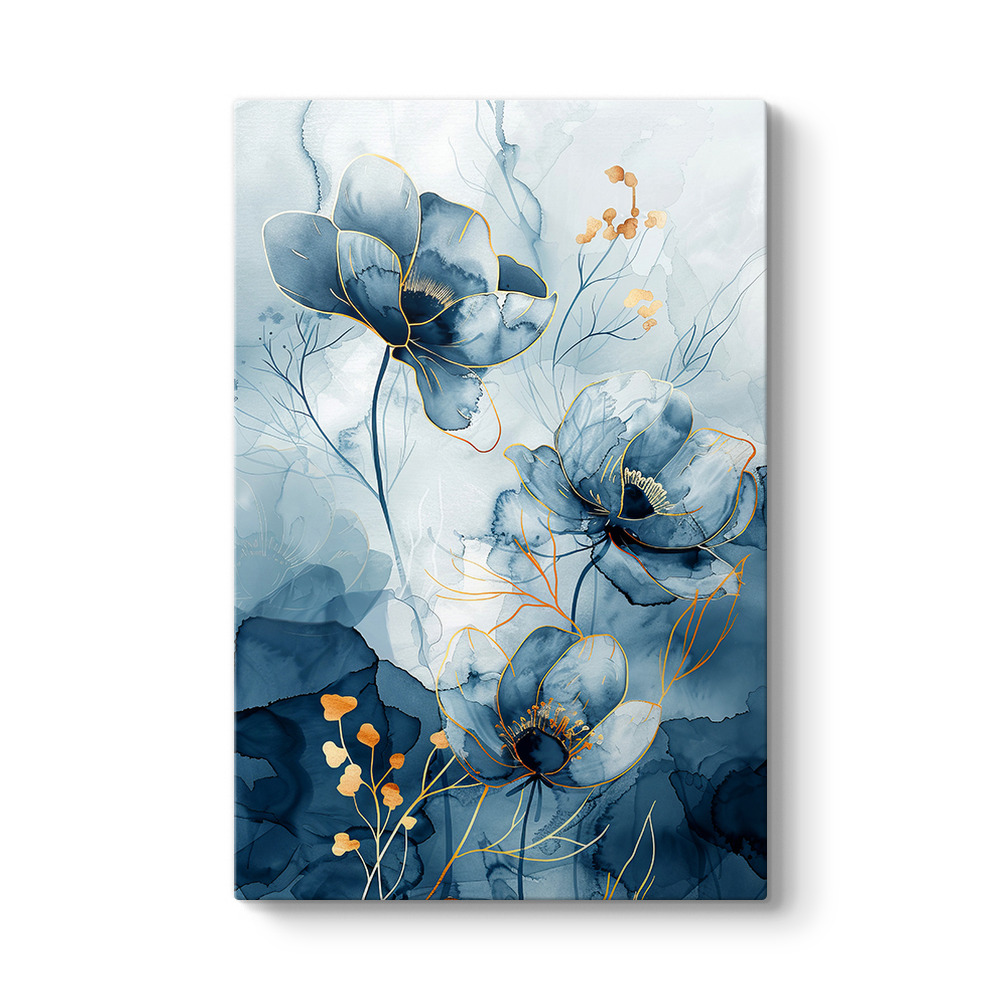 Mavi Tonlarda Soyut Çiçek Tablosu - TabloShop